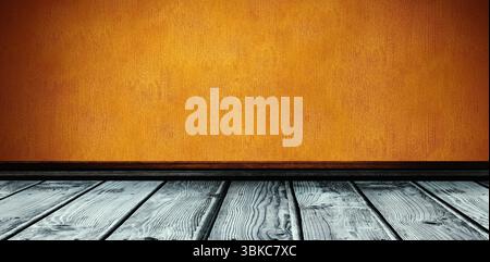 Empty shelf on orange wall. Background template scene. Square banner ...