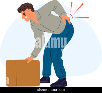 Young man suffering from back pain and illustration of herniated lumbar ...