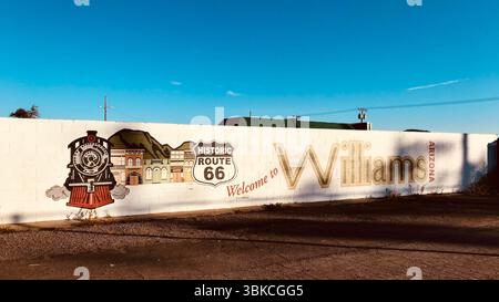 Welcome sign & Route 66 mural by Mr. Harv in Oatman mining town ...