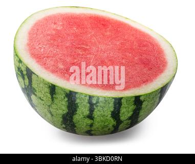 Round striped watermelon without seeds cut in half isolated on white ...