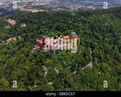 SINTRA, PORTUGAL - June 19: Aerial view of the Moorish Castle, monument ...