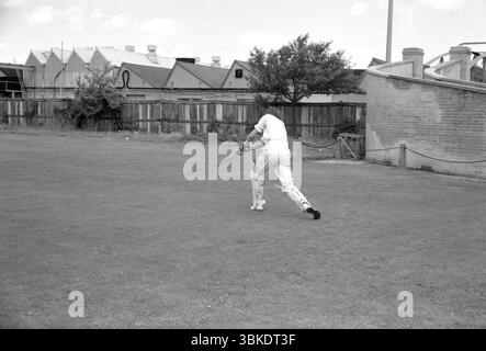1950s, historical, cricket, batter warming up before his innings, old ...