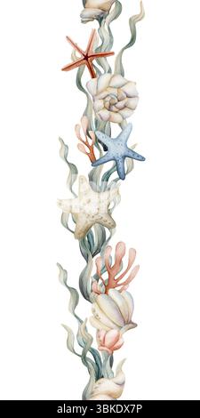 Seamless border of beige sea shells, bubbles and pebbles watercolor ...