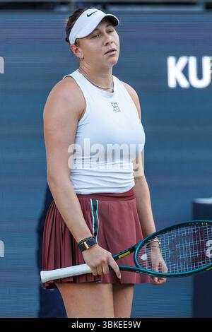 Amanda Anisimova of the United States reacts during ladies' singles ...
