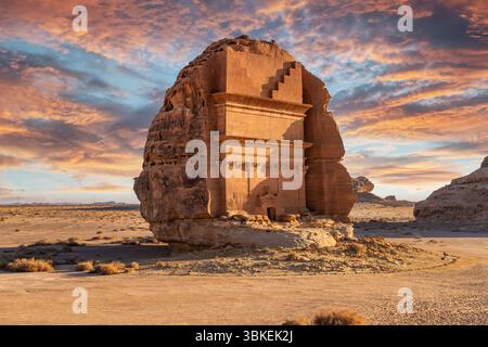 The Tomb of the Lion of Kuza at sunset, Nabataean carved sandstone ...