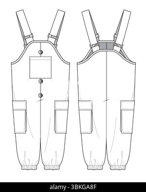 Kids boys overalls front and back view technical flat drawing vector ...
