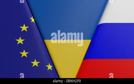 European Union, ukraine and Russia flags paint over on chess king. 3D ...