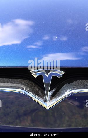 Close up of Tesla hood bonnet and logo EV white paint Stock Photo - Alamy
