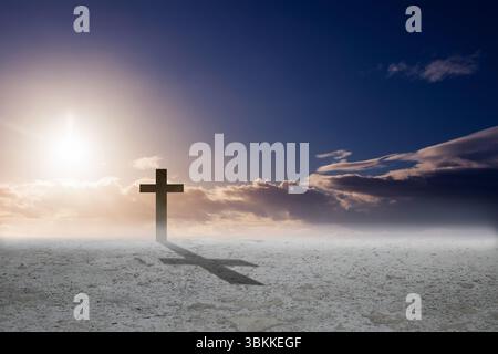 Cross religion symbol shape over sunset sky Stock Photo - Alamy