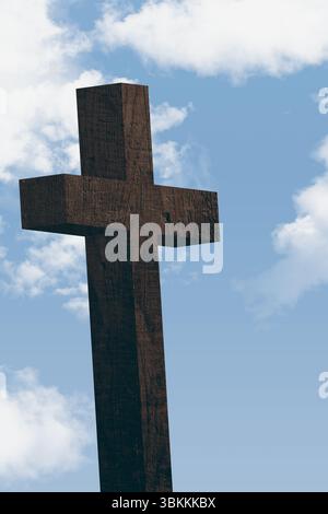 Flat design wooden cross rising against bright sky with cirrus and ...
