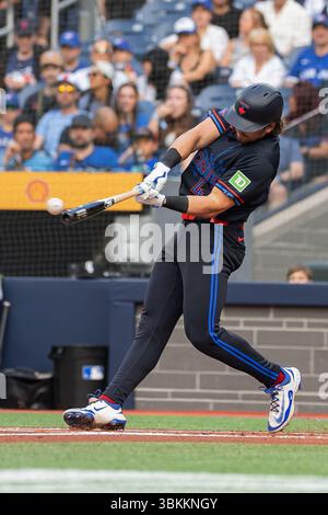 Toronto Blue Jays' George Springer (4) breaks his bat on a ground out ...