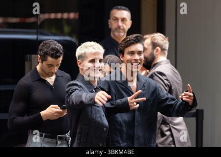 MILAN, ITALY - JUNE 21, 2026: A guest, Jake, Jay, Sunoo, Jungwon and Ni ...