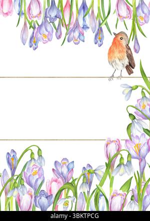 Watercolor frame with crocus with text space isolated on white ...