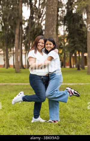Young brunette teenager standing together over isolated background ...