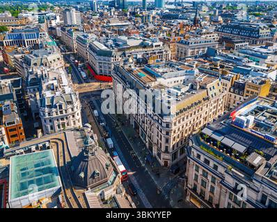 High-angle aerial of Oxford Circus, London’s major shopping and ...