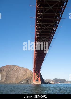 A low angle shot of a Golden Gate bridge in San Francisco against a ...