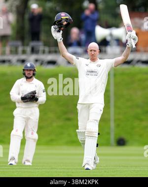Lancashire's Luke Wells celebrates his century against Kent, during the ...