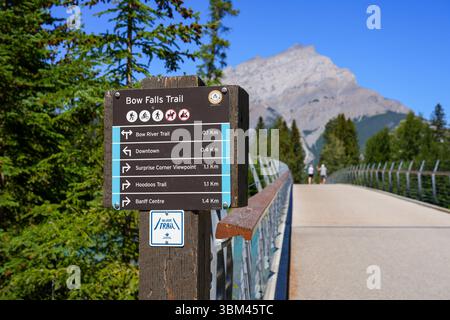 Banff Pedestrian Bridge crossing the Bow River in the Banff National ...