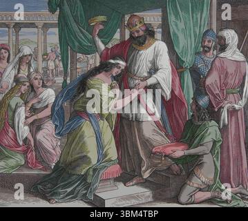 Old Testament. Esther is made queen by king Ahasuerus. Illustration by ...