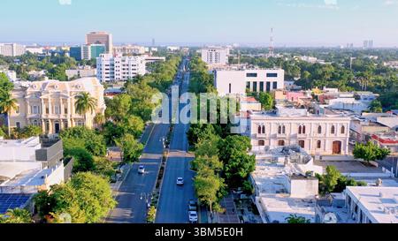 Aerial view of Paseo de Montejo, Monumento a la Bandera roundabout with ...