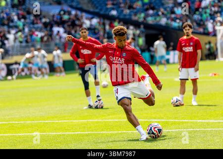 Paris Saint-Germain forward Désiré Doué (14) injured during the UEFA ...