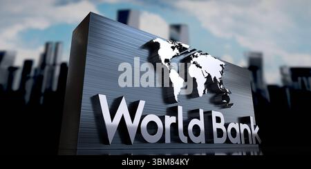 World bank - metal cuboid and skyscrapers - 3D illustration Stock Photo ...