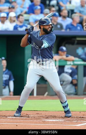 Tampa Bay Rays' Junior Caminero is greeted by teammates after hitting a ...