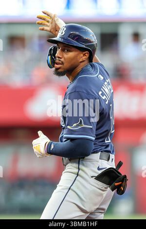 Tampa Bay Rays' Chandler Simpson celebrates after scoring during the ...