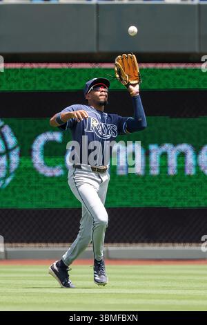 Tampa Bay Rays' Chandler Simpson celebrates after scoring during the ...
