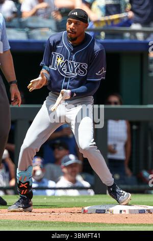 Tampa Bay Rays' Chandler Simpson takes a lead from first base during ...