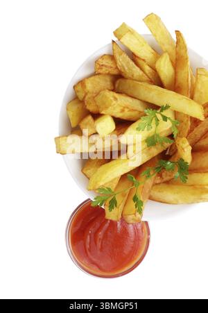 French fries with ketchup over white background, Sumy, Ukraine, Europe ...