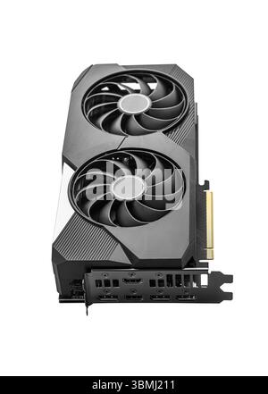 High-performance black dual-fan graphics card isolated on a white ...