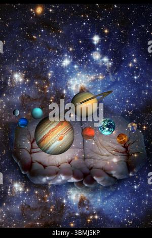 open hands with solar system planets floating over Stock Photo - Alamy