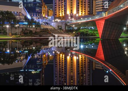 Riverbank bridge at night with lights of the Adelaide oval, Adelaide ...