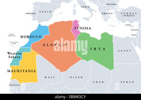 North Africa, political map with multi colored silhouettes of single ...
