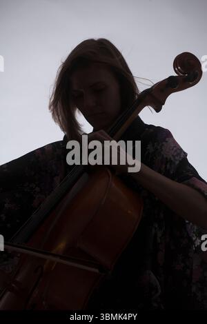 top view of classical cello on grey textured background Stock Photo - Alamy