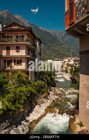 Historic Town of Chiavenna with Colorful Riverside Buildings and Stone ...