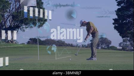 Golfer wearing polo shirt aligning putter with ball on putting green ...
