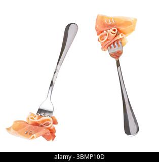Sliced prosciutto with rosemary on a fork, black background, copy space ...