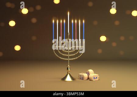 3d rendering Image of Jewish holiday Hanukkah with wooden dreidels or ...