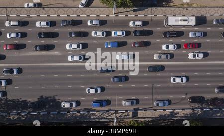 Aerial view of the vehicular intersection, traffic at peak hour with ...