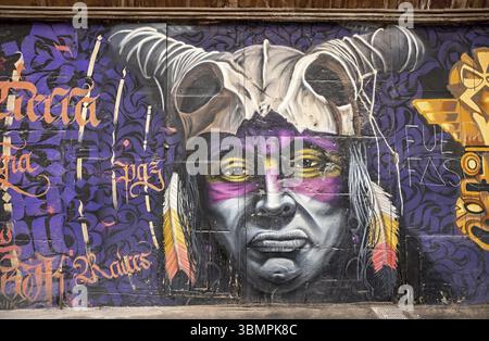 Street art depicting a native american chief with feathers and colorful ...