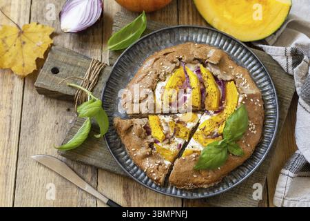 Homemade galette pie or crostata with pumpkin and ricotta cheese on ...