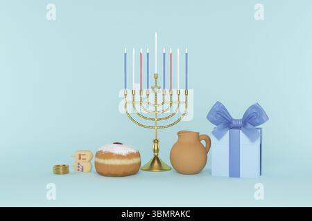 3d rendering Image of Jewish holiday Hanukkah with wooden dreidels or ...