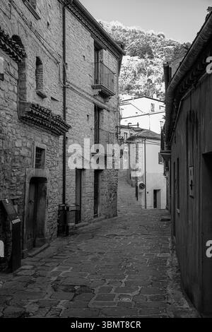 Panoramic view of Castelmezzano, a rural village in the mountains of ...
