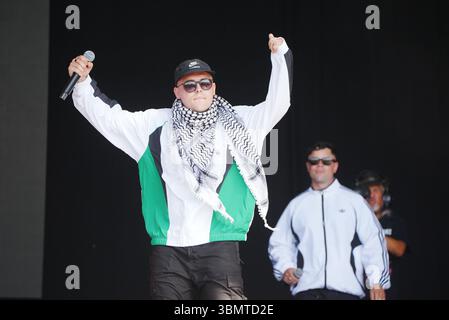 Mo Chara of Kneecap Performing on the main stage on day two of the ...