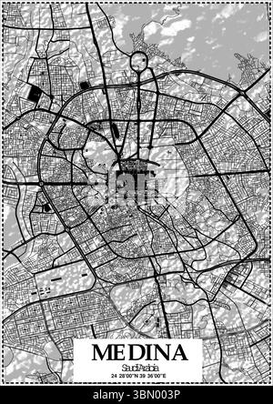 Medina City Map – Black and White Monochrome Street Layout Poster Stock ...