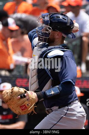 Tampa Bay Rays catcher Danny Jansen catches a pop up during the first ...
