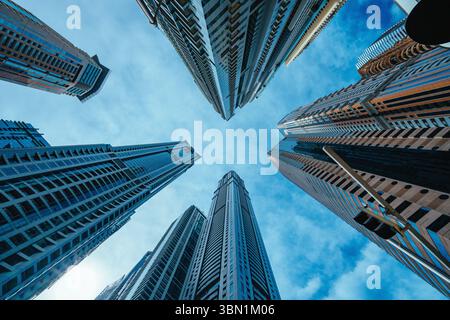 Dubai - February 07, 2024: high skyscrapers wide angle view from below ...