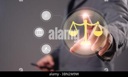 Man touching the icon of the balance of justice. Concept of legal ...